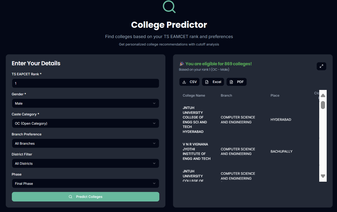 TG EAPCET 2025 College Predictor | Engineering Admission Prediction ...